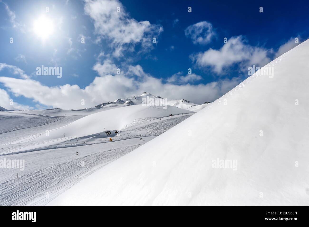High mountain view in winter. Ski routes in the mountains. Snowy winter ...