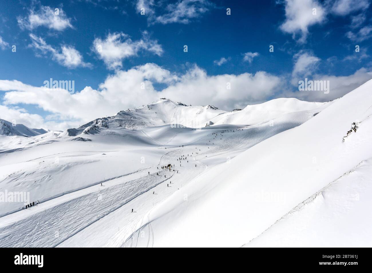 High mountain view in winter. Ski routes in the mountains. Snowy winter ...