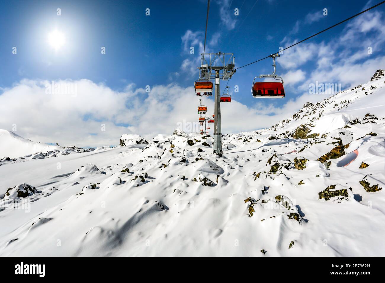 High mountain view in winter. Ski routes in the mountains. Snowy winter ...
