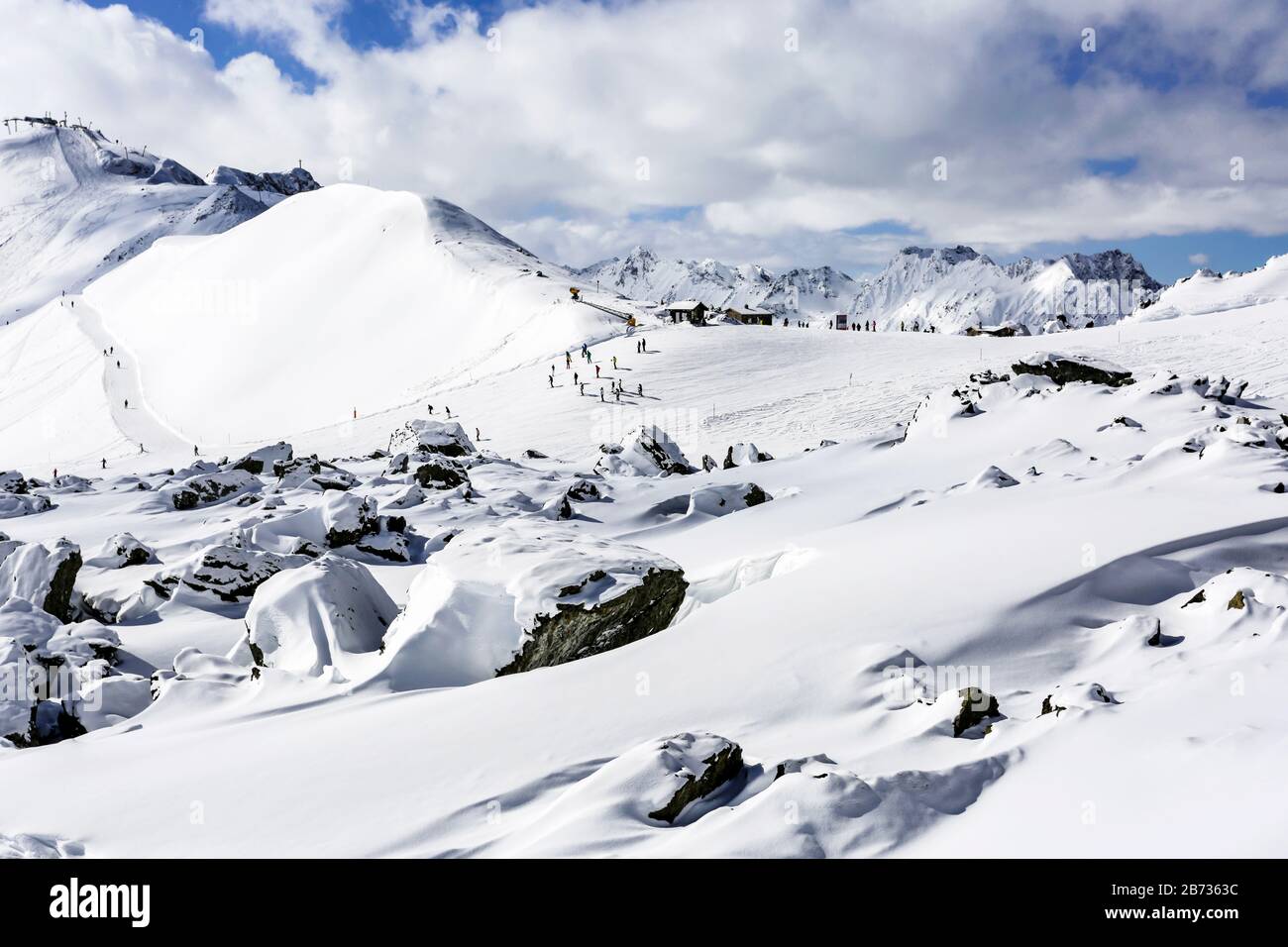 High mountain view in winter. Ski routes in the mountains. Snowy winter ...