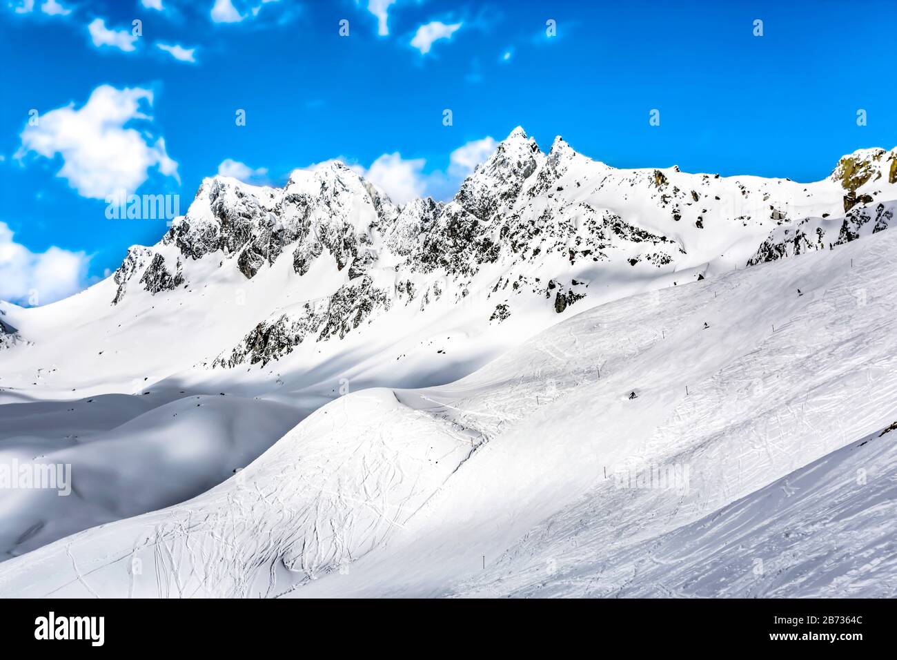 High mountain view in winter. Ski routes in the mountains. Snowy winter ...