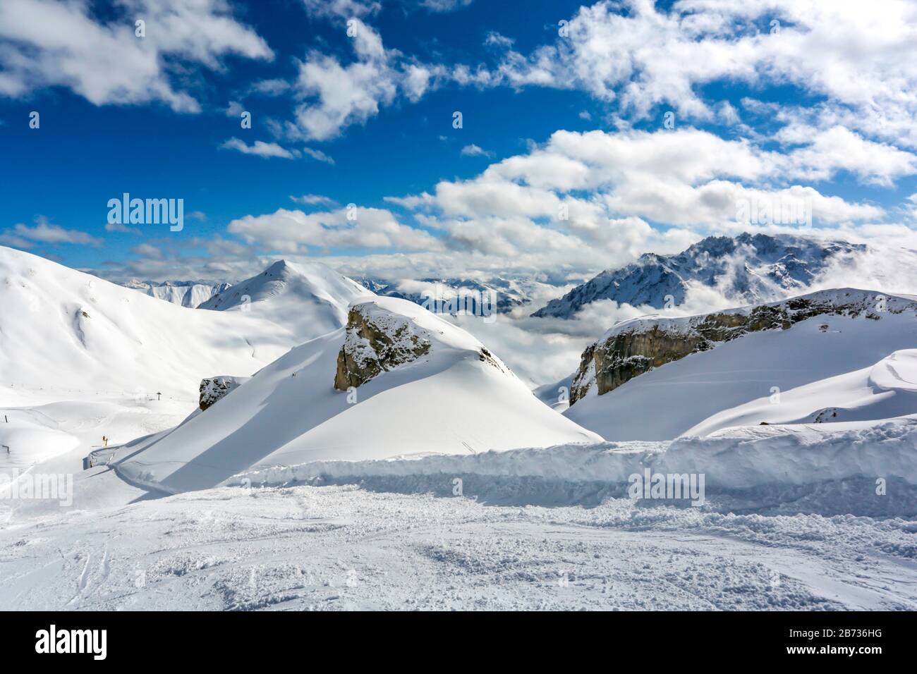 High mountain view in winter. Ski routes in the mountains. Snowy winter ...