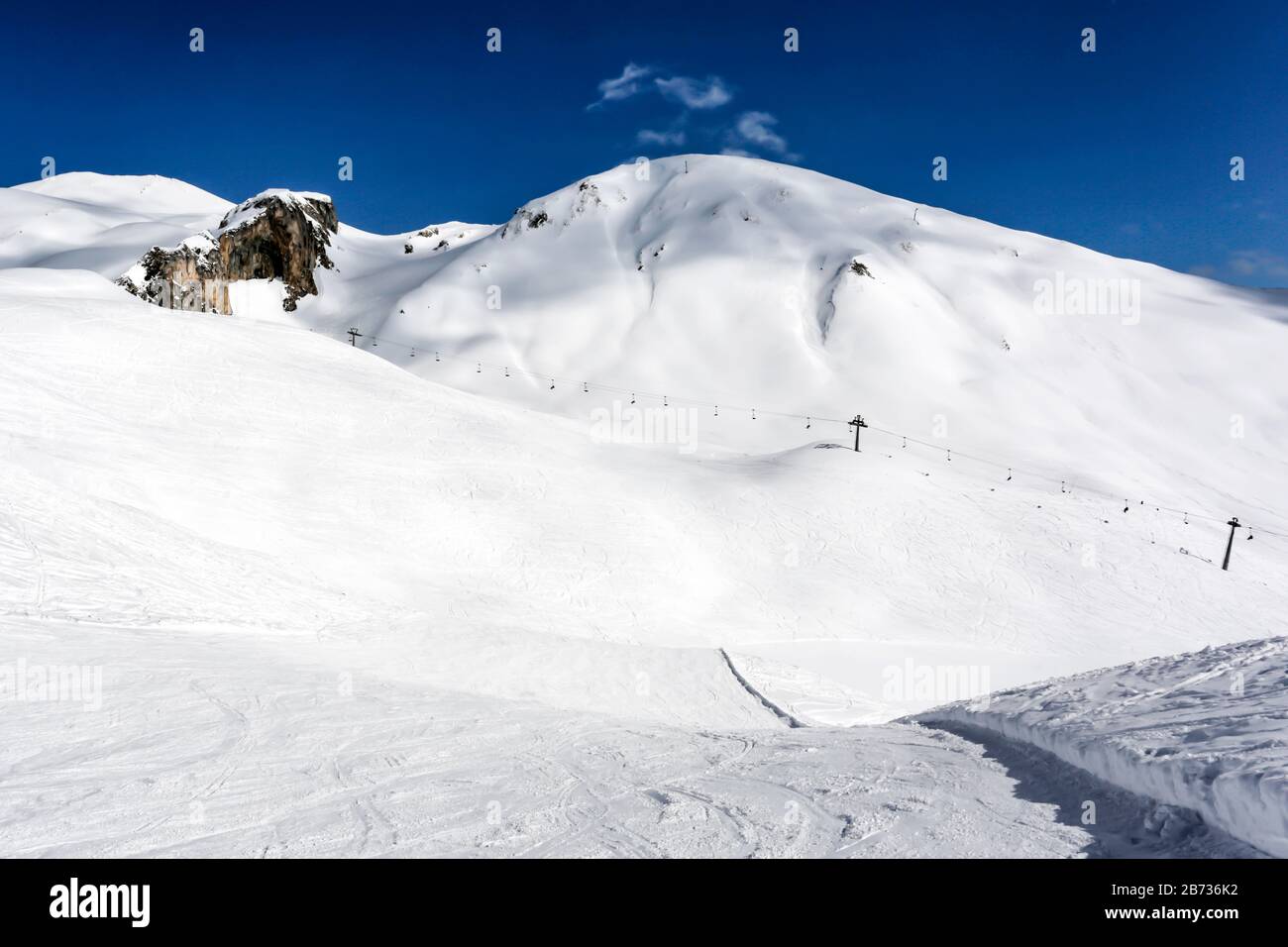 High mountain view in winter. Ski routes in the mountains. Snowy winter ...