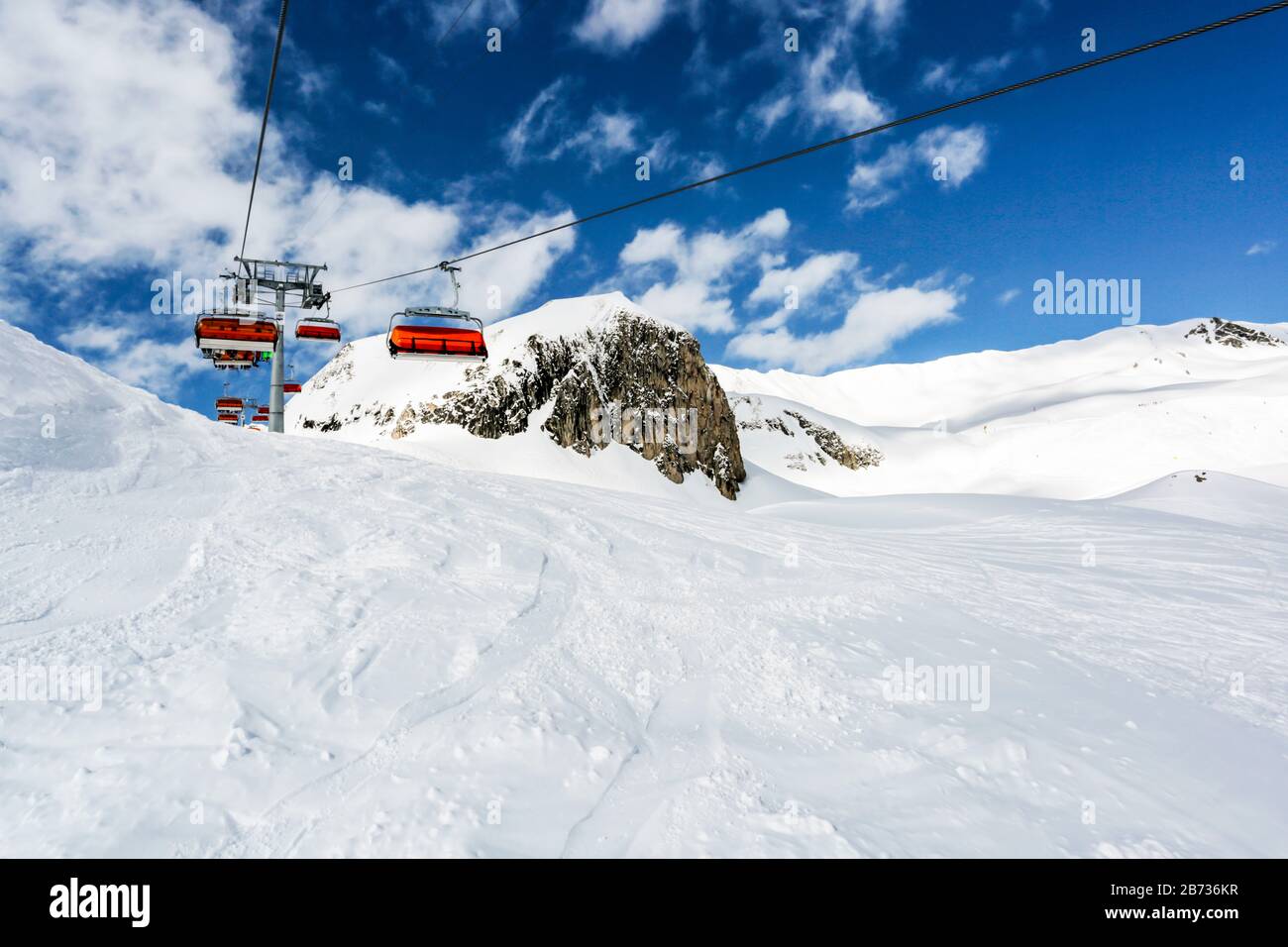 High mountain view in winter. Ski routes in the mountains. Snowy winter ...