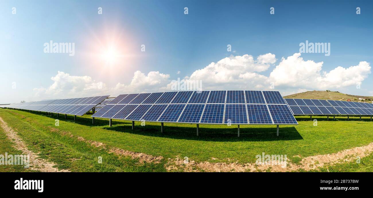 Panoramic view of solar panels, photovoltaics, alternative electricity ...