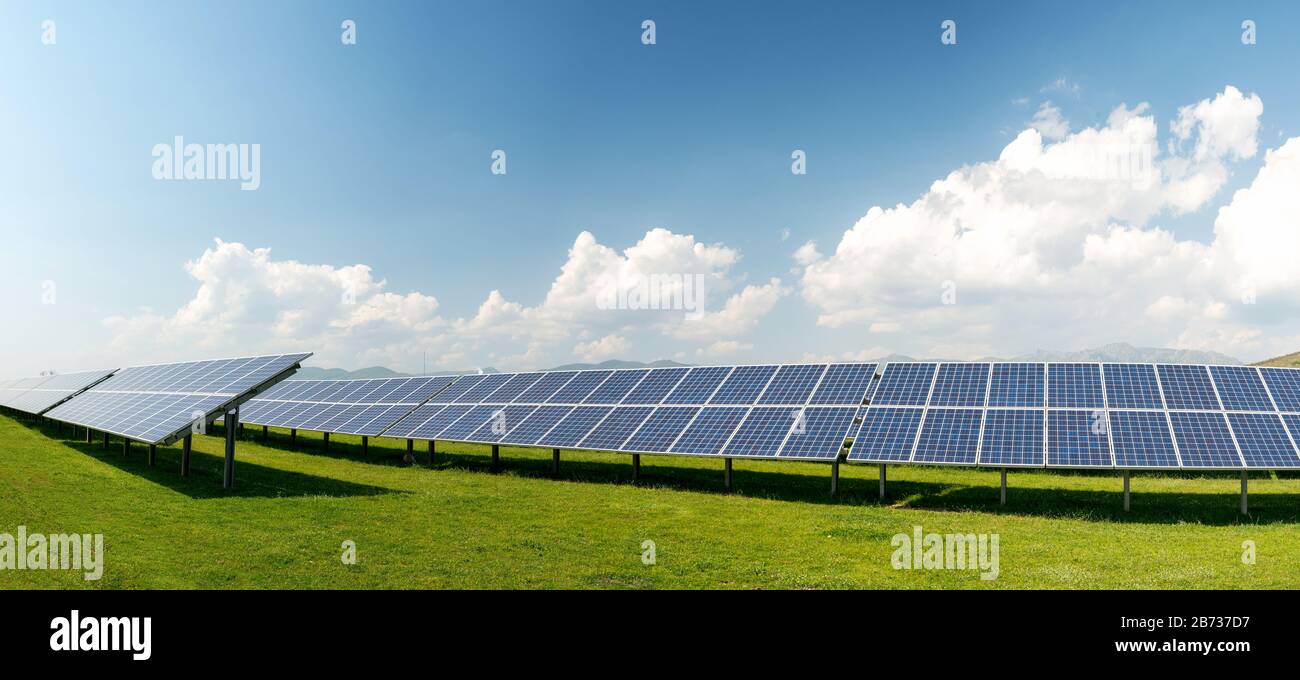 Panoramic view of solar panels, photovoltaics, alternative electricity ...