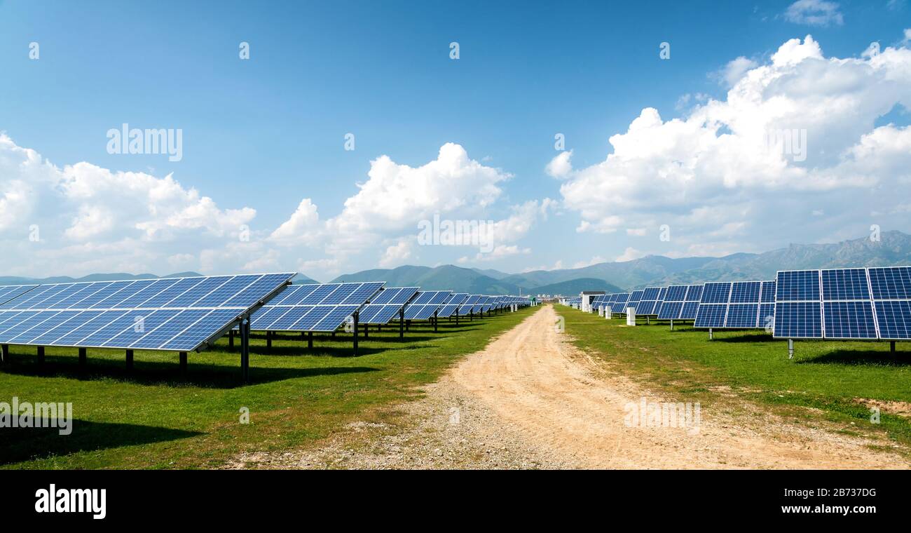 Panoramic view of solar panels, photovoltaics, alternative electricity ...