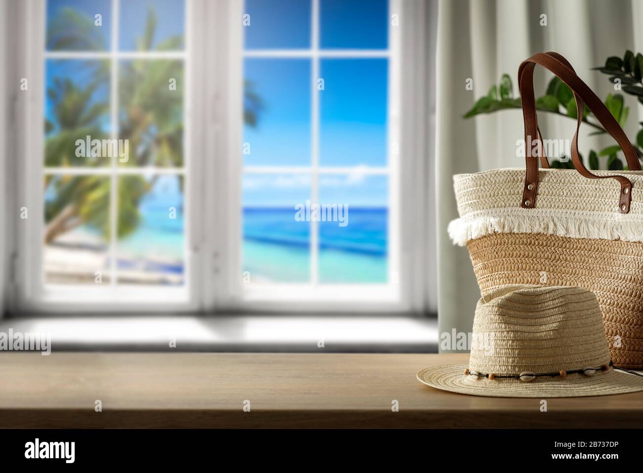 Wooden tabletop with window cozy home interior background Stock Photo ...