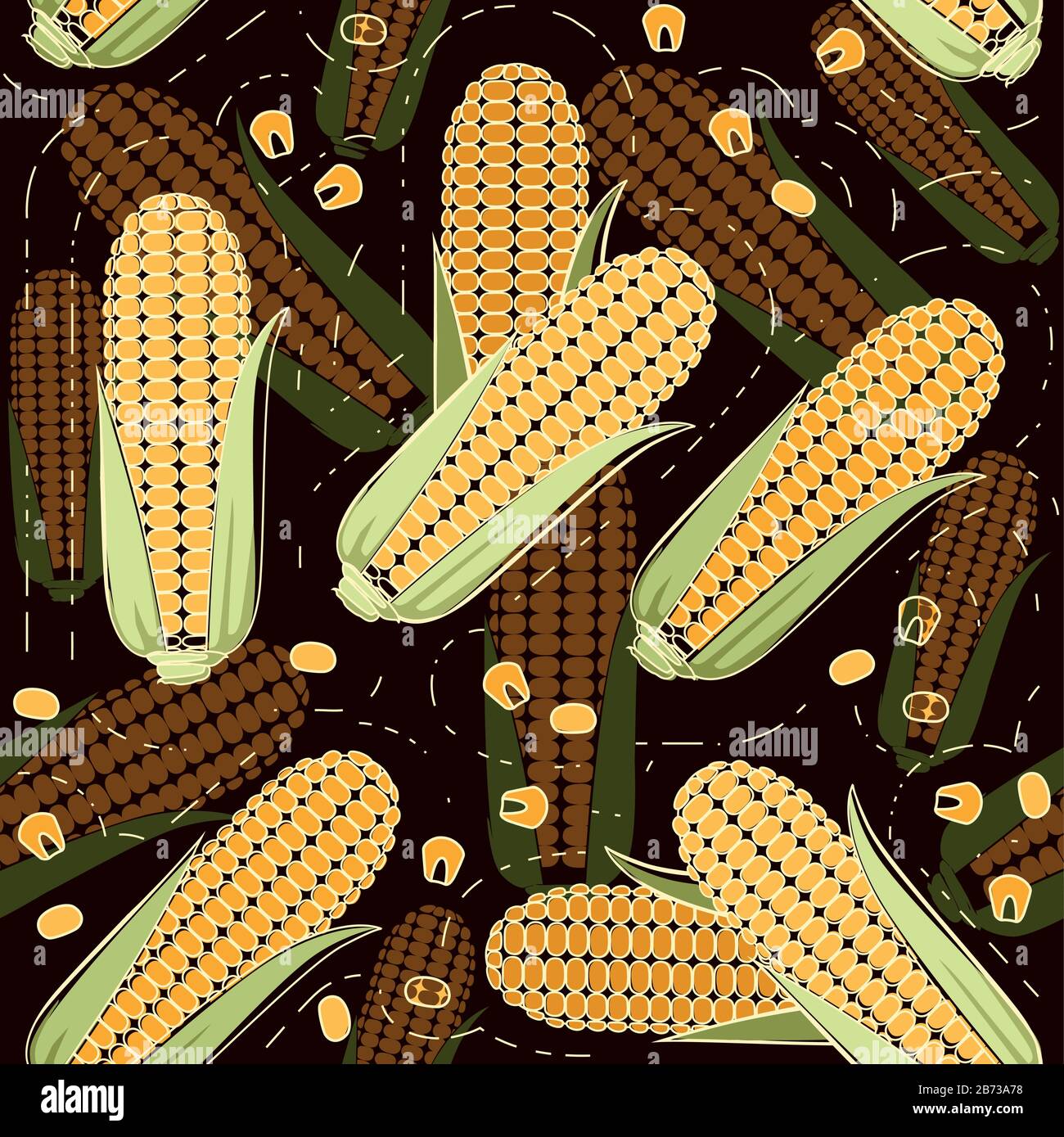 Seamless pattern of corn cob flat vector illustration on dark ...