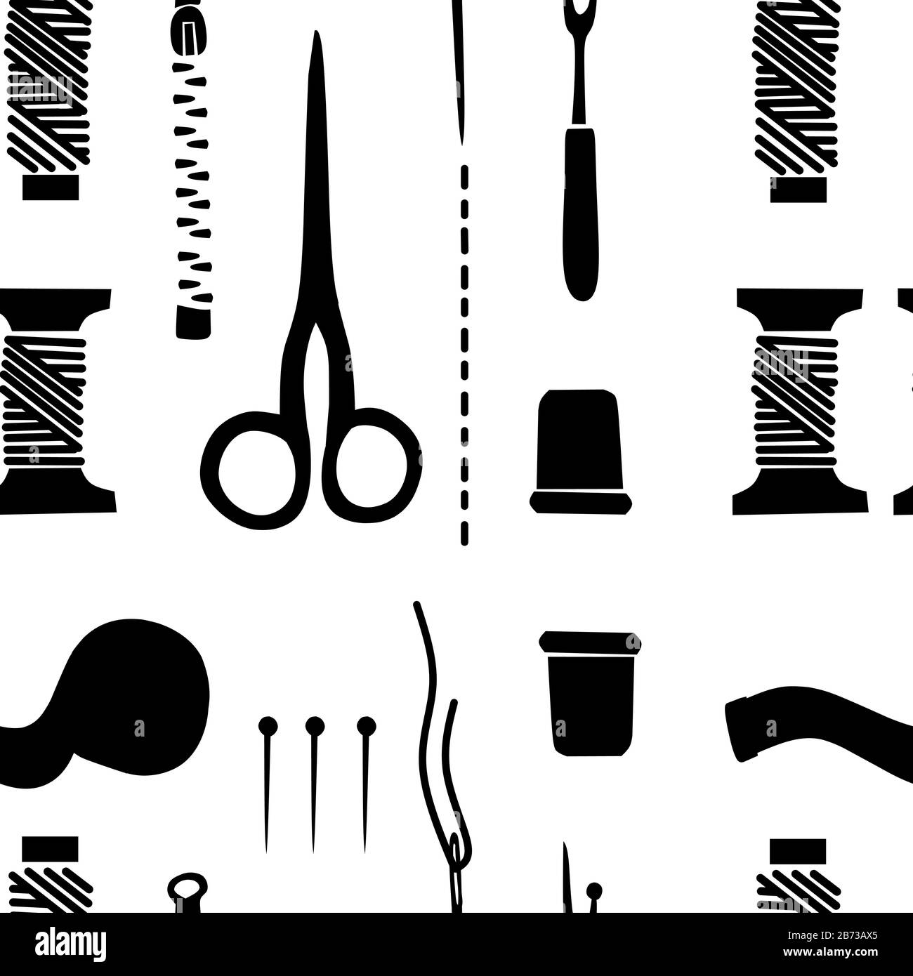 Seamless pattern of black silhouette reel with thread, bobbins ...