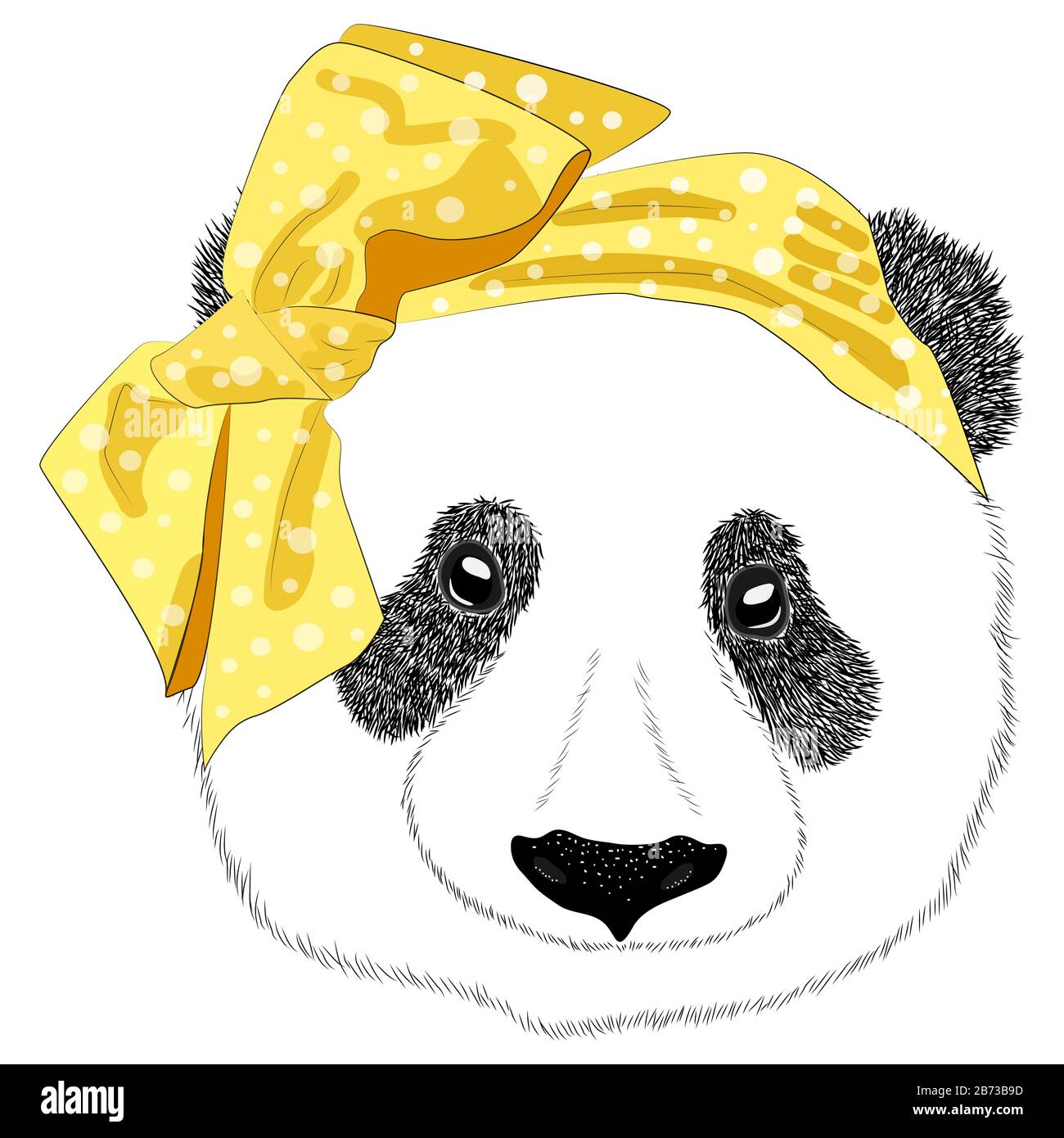 A hand drawn illustration of the head of a panda girl with a bow in the ...