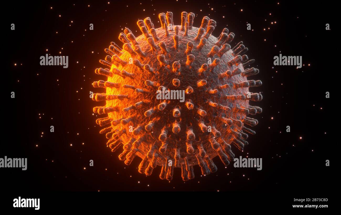 3d illustration closeup of red orange colored corona virus with ...