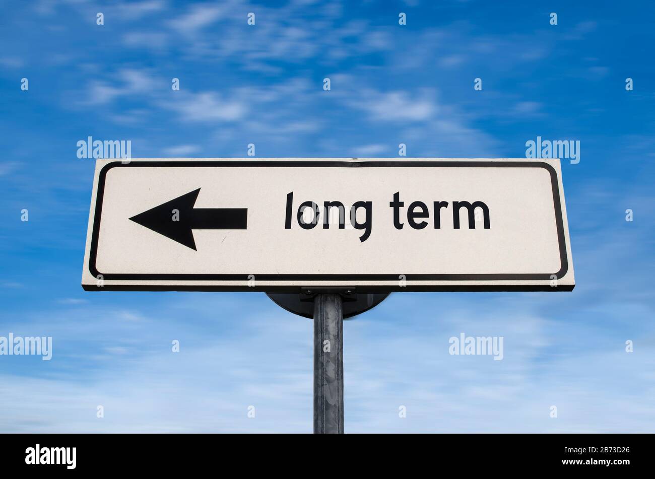 Long term road sign, arrow on blue sky background. One way blank road ...