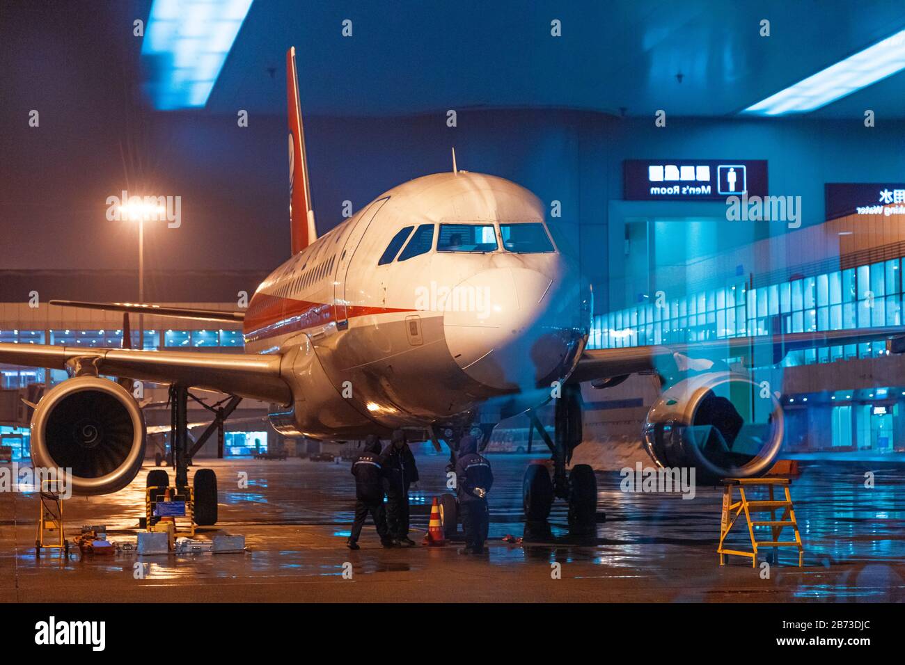 Passenger plane docked on the tarmac. The huge plane can be seen ...