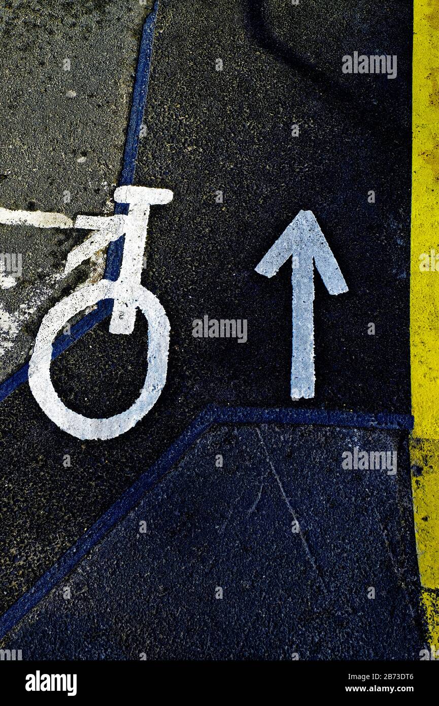 White direction and cycle road signs with yellow edge line against ...