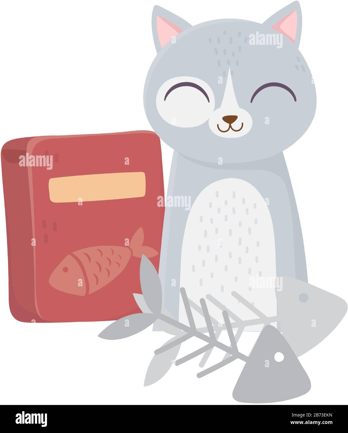 cats make me happy, cute cat with fishbones and food box cartoon vector ...