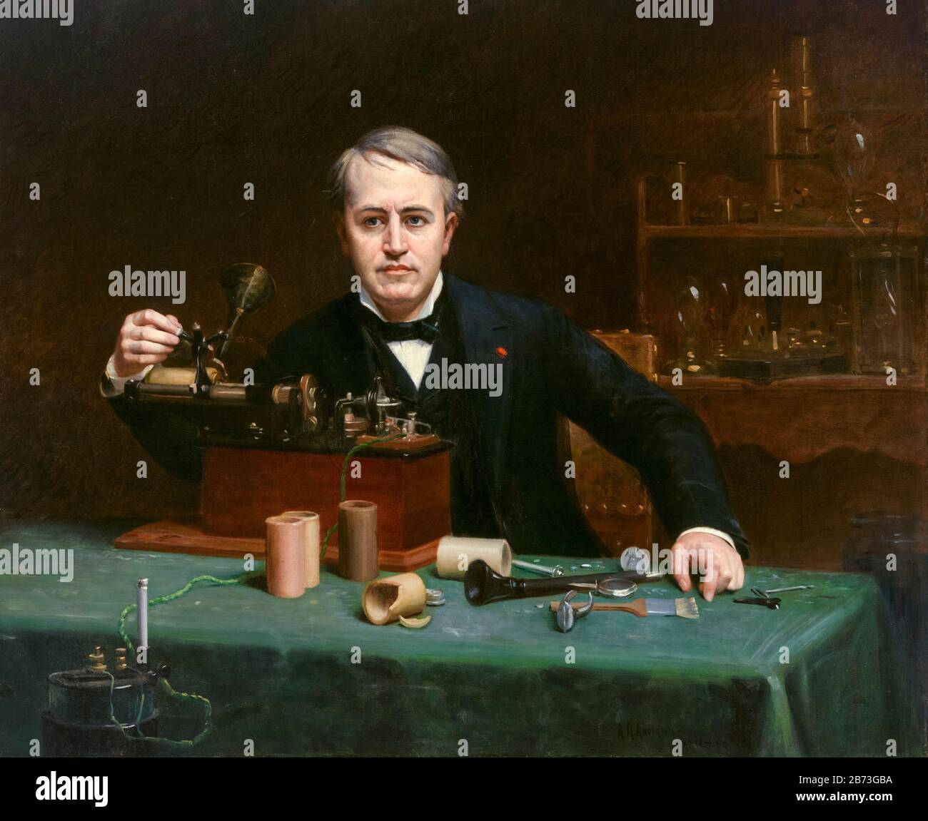 Thomas Edison, (1847-1931), American inventor, with his, phonograph ...