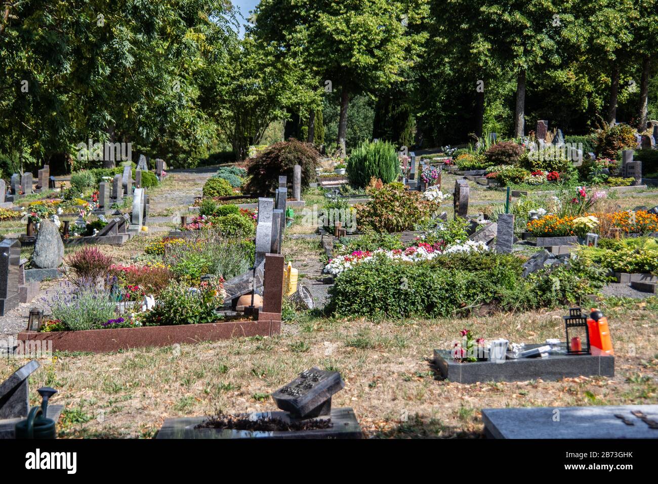 Grave field in a cemetery with gravestones and flower arrangements ...
