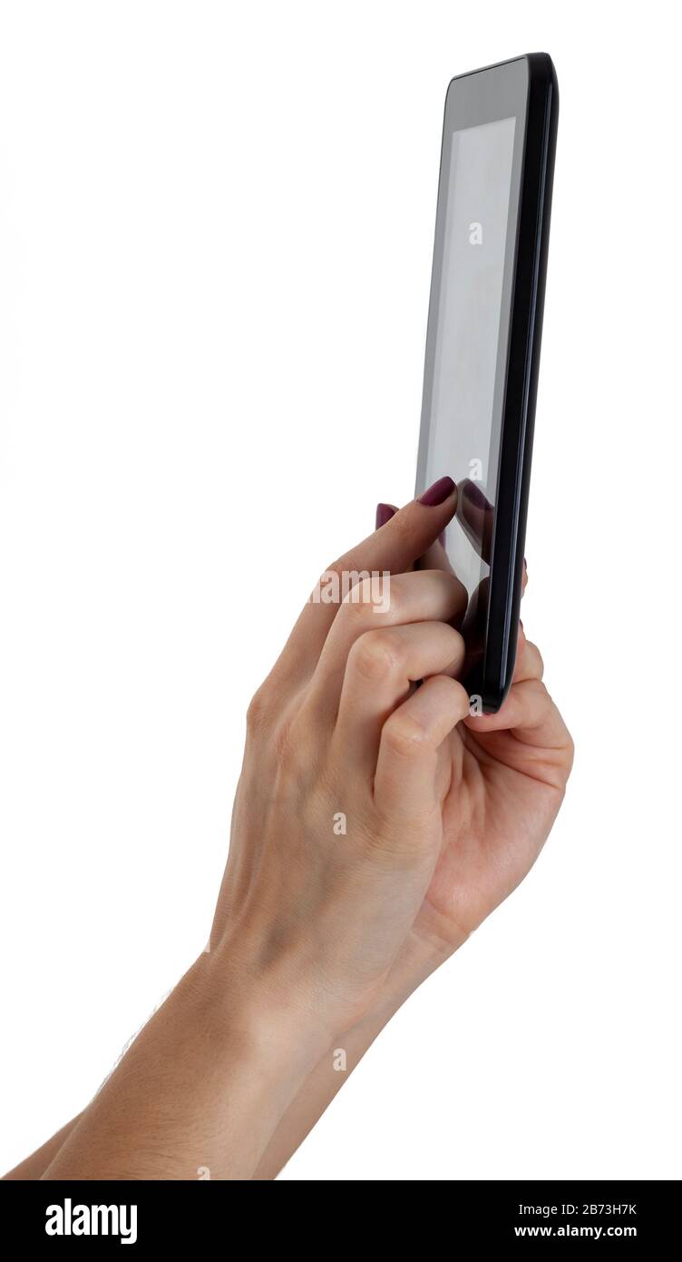 Hands touching the display of a smartphone, isolated against a white ...