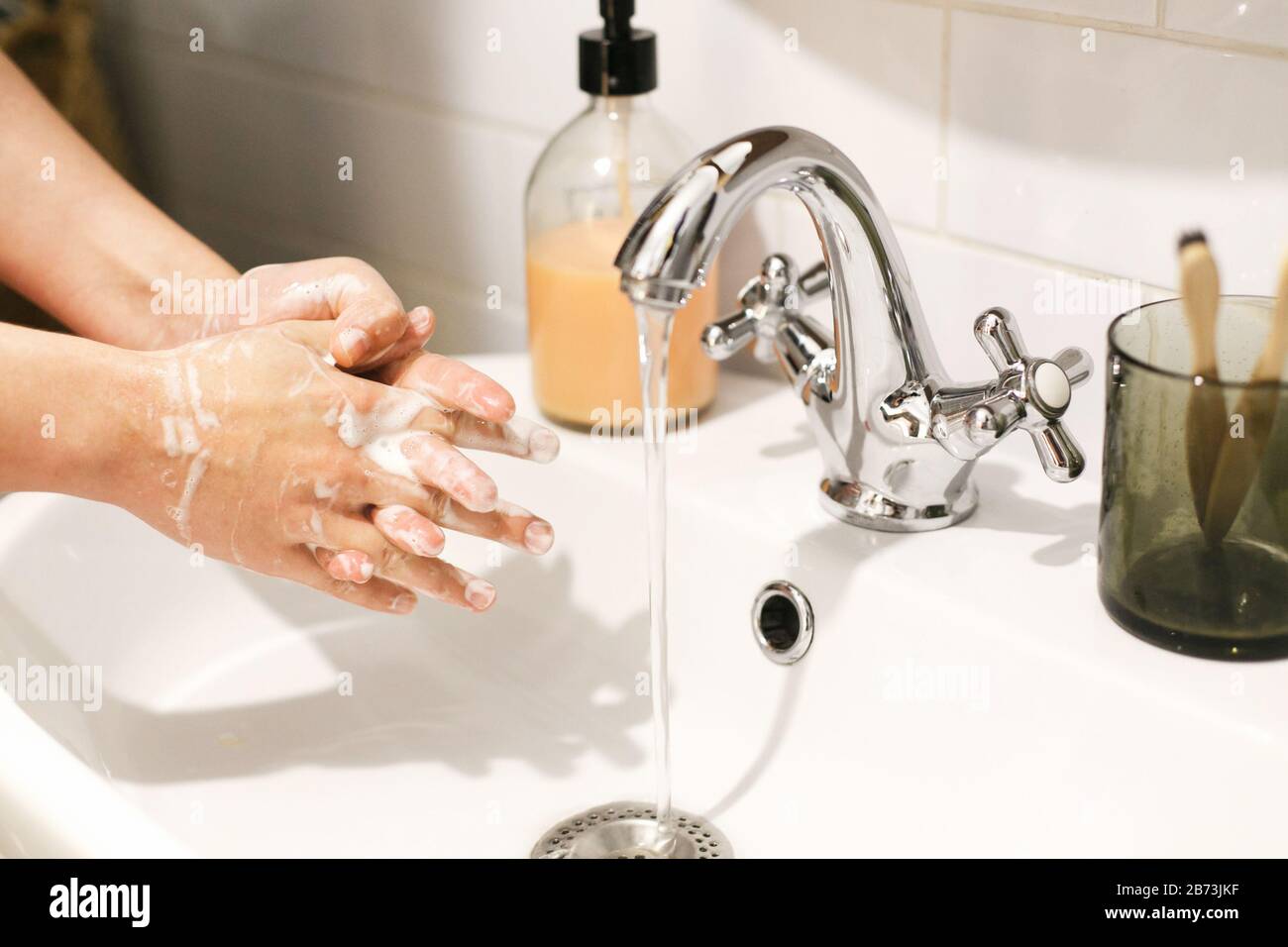 Washing hands. Hands washing with proper technique and antibacterial ...