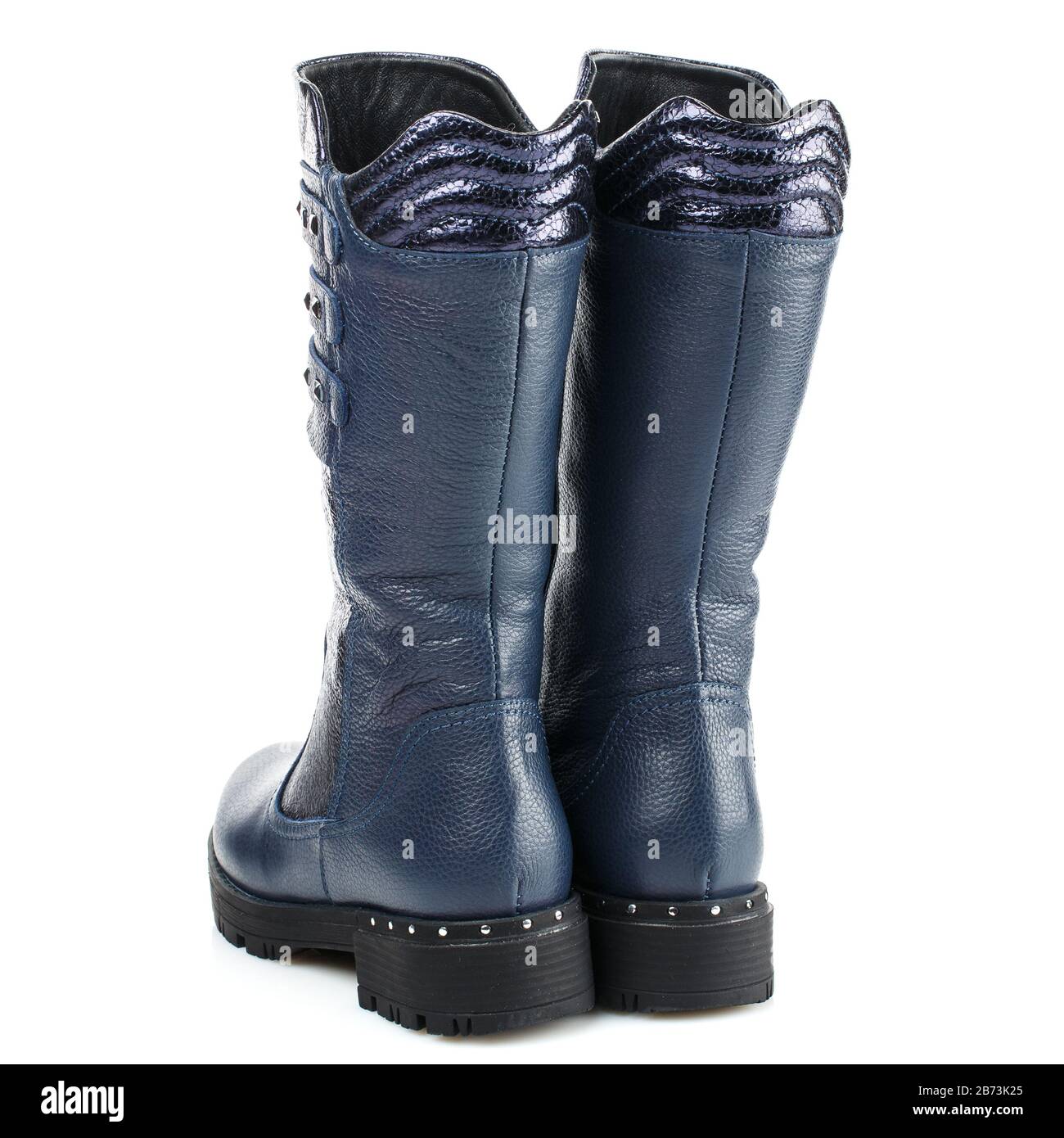 Blue leather boots for girls isolated on white. Rear view Stock Photo ...