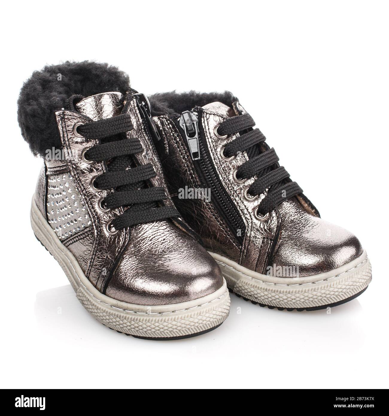 Children's silver winter boots with black fur for girls isolated on ...