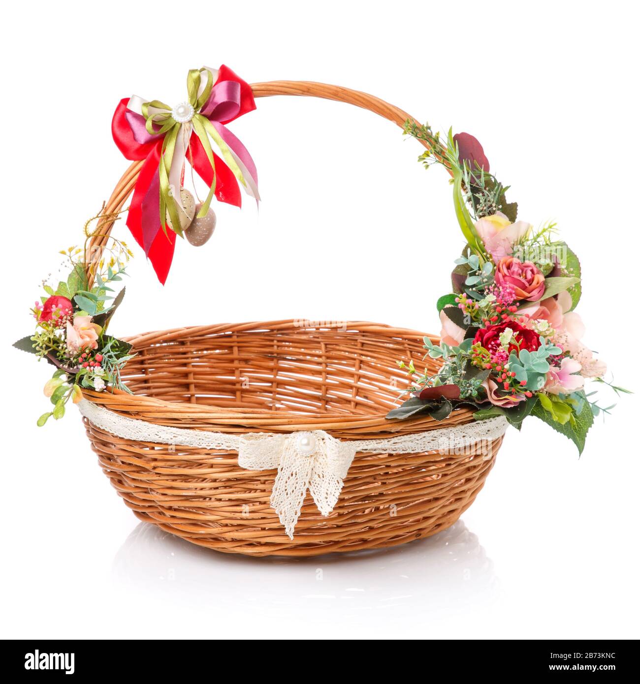 Round wicker easter basket with beautiful ribbon bow. Decor with ...