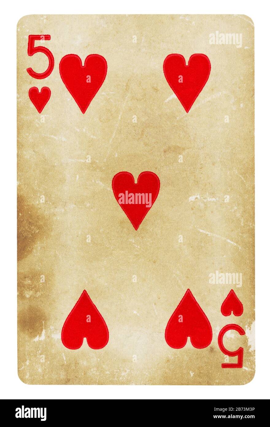 Five of Hearts Vintage playing card - isolated on white (clipping path ...