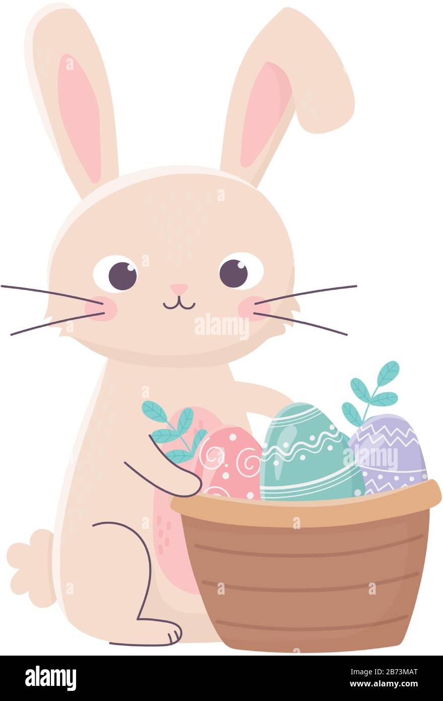 happy easter day, rabbit with basket eggs leaves cartoon vector ...