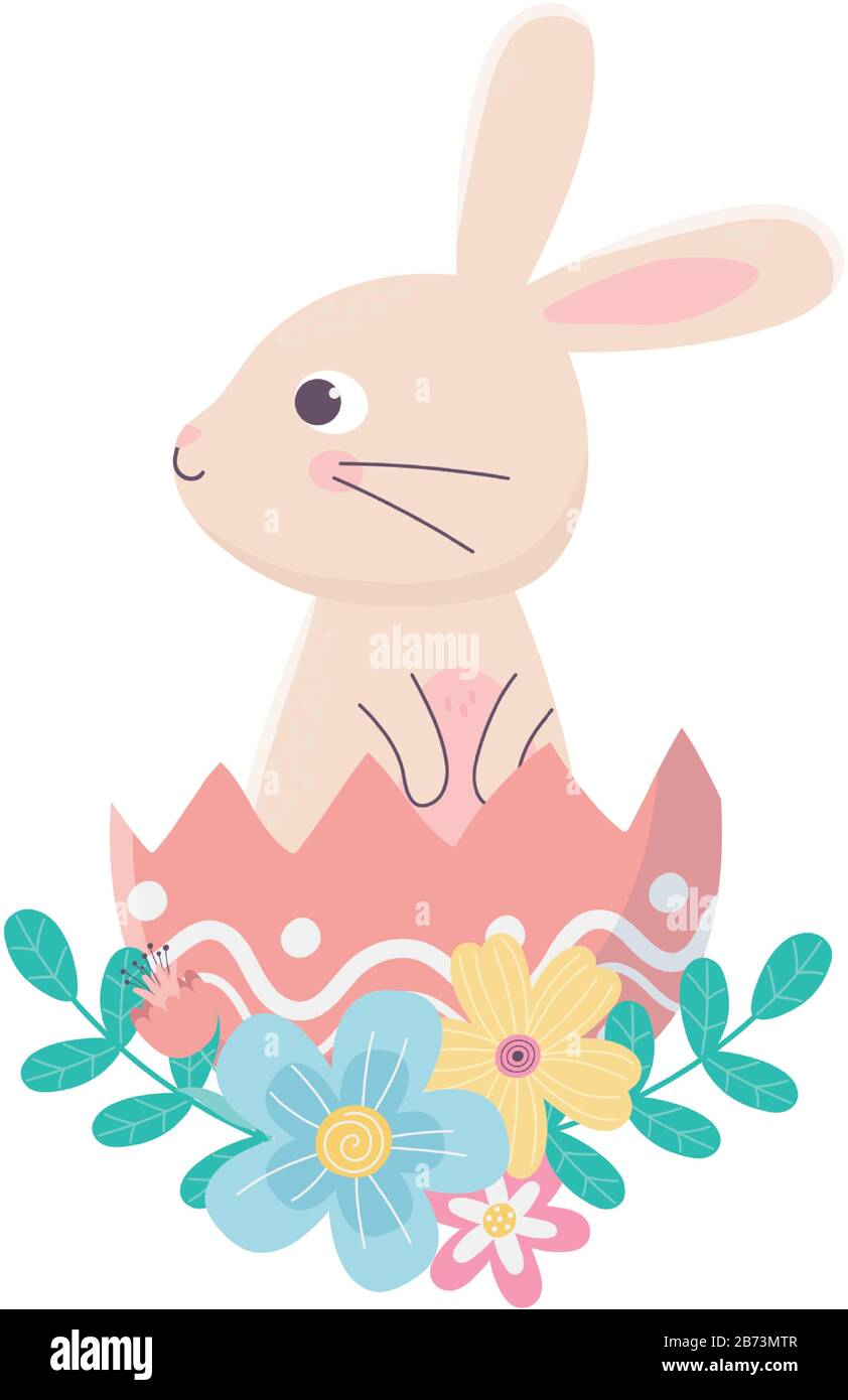 happy easter day, cute rabbit in eggshell flowers decoration vector ...