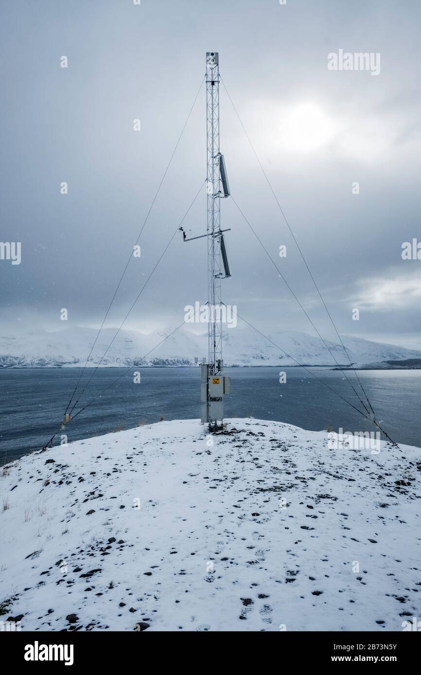 A mast for remote automatic measurement of wind speed, in north Iceland ...