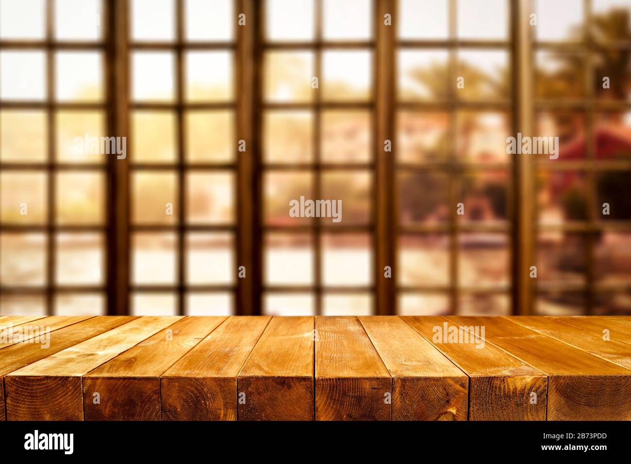 Wooden tabletop with window cozy home interior background Stock Photo ...