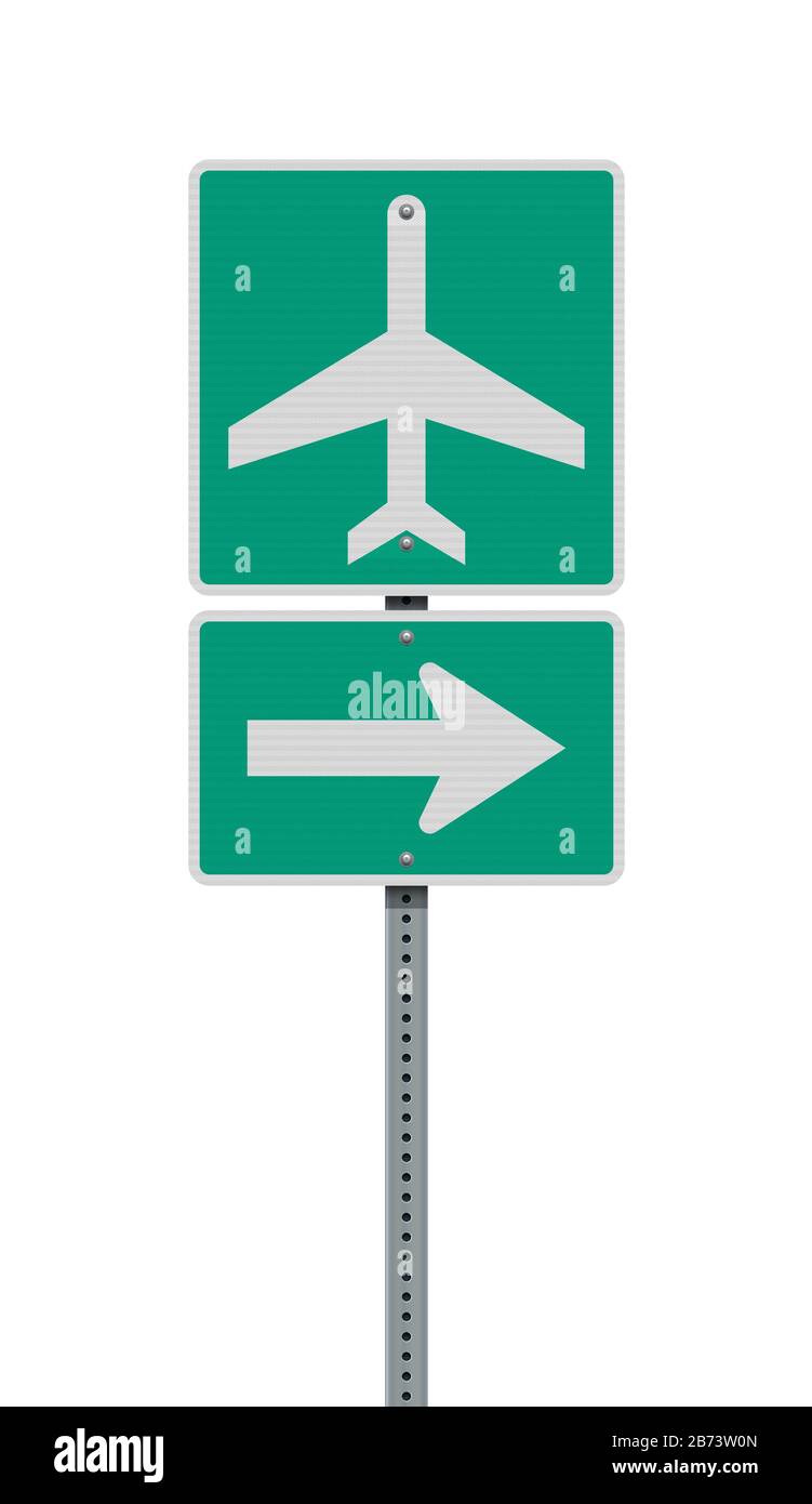 Vector illustration of the Airport symbol with arrow green road sign on ...