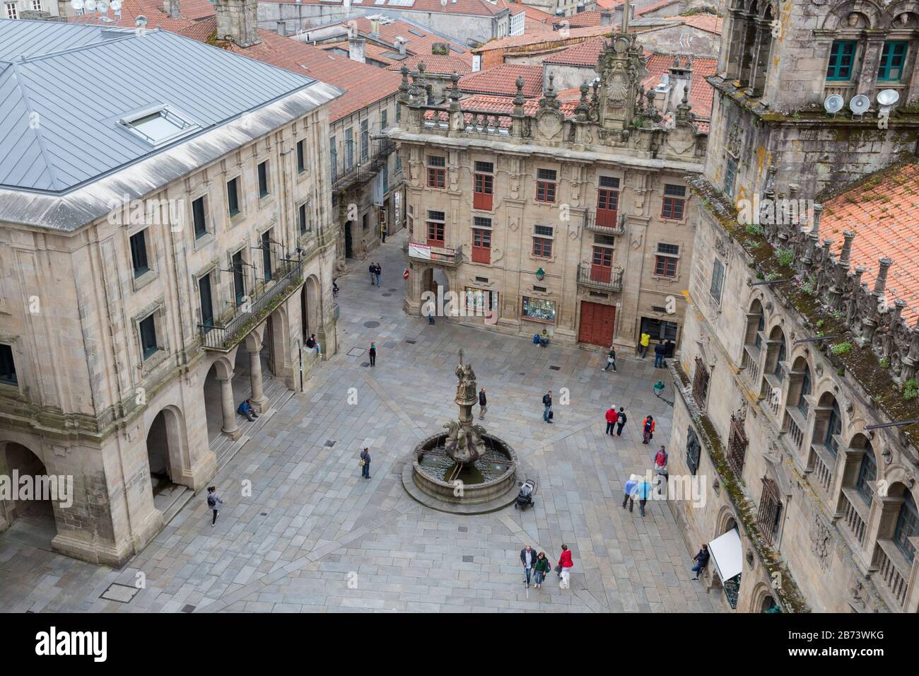 Aerial view of the Praza das Praterías and the the landmark Fountain of ...