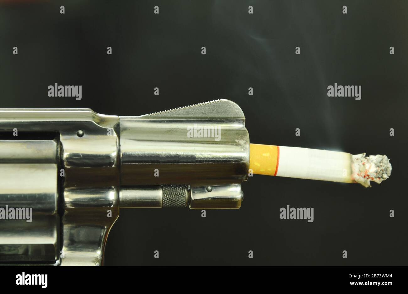 Cigarette fire in gun muzzle compared smoking can kills Stock Photo - Alamy