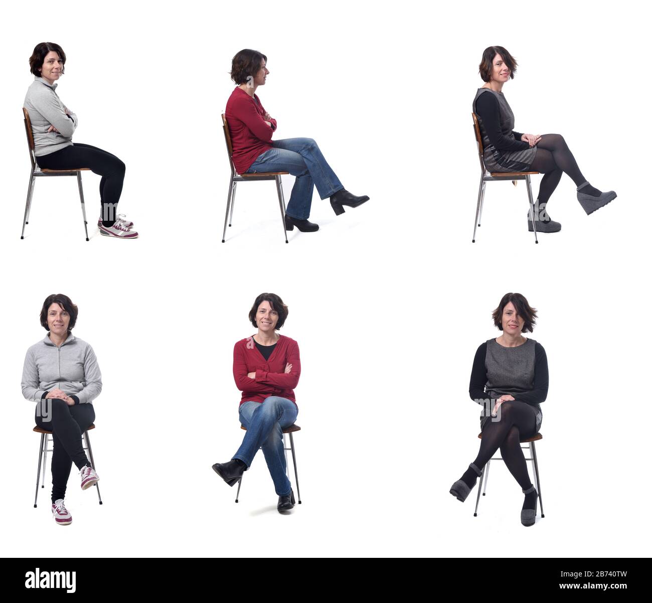 woman with various types of clothes sitting on white background Stock ...