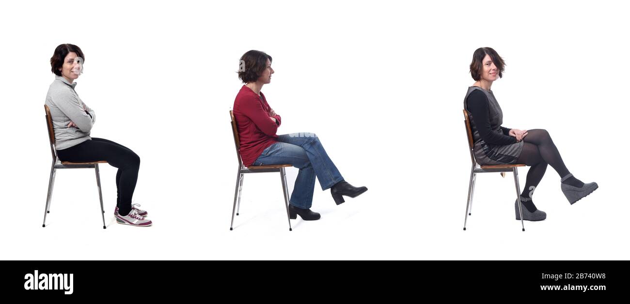 woman with various types of clothes sitting on white background Stock ...