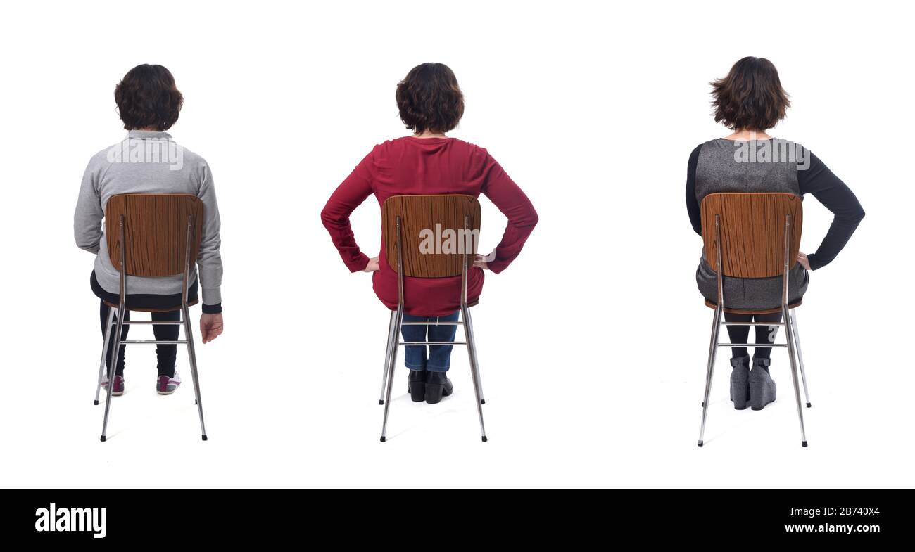 woman with various types of clothes on her back sitting on white ...