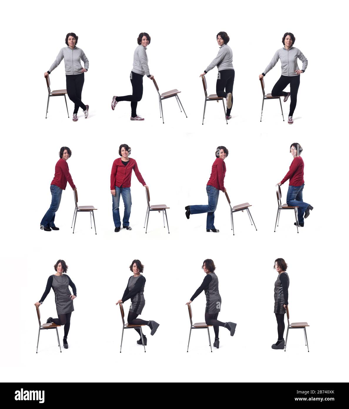 large group of woman playing with a chair in white background Stock ...