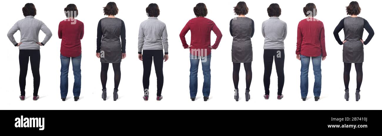 large group of photos of a woman from behind on white background Stock ...