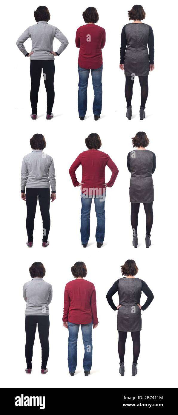large group of photos of a woman from behind on white background Stock ...