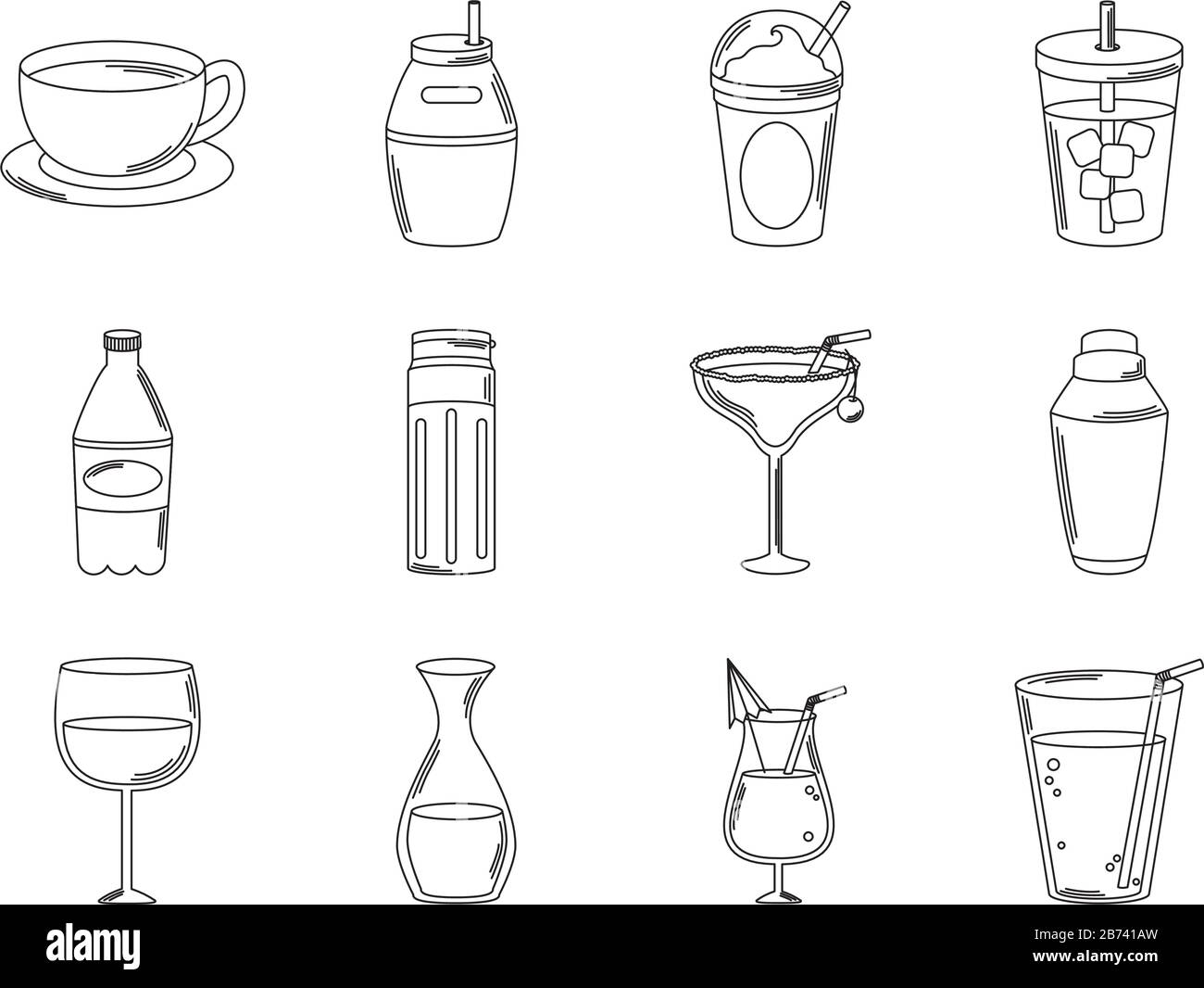 drinks beverage glass cups bottle alcoholic liquor icons set vector ...