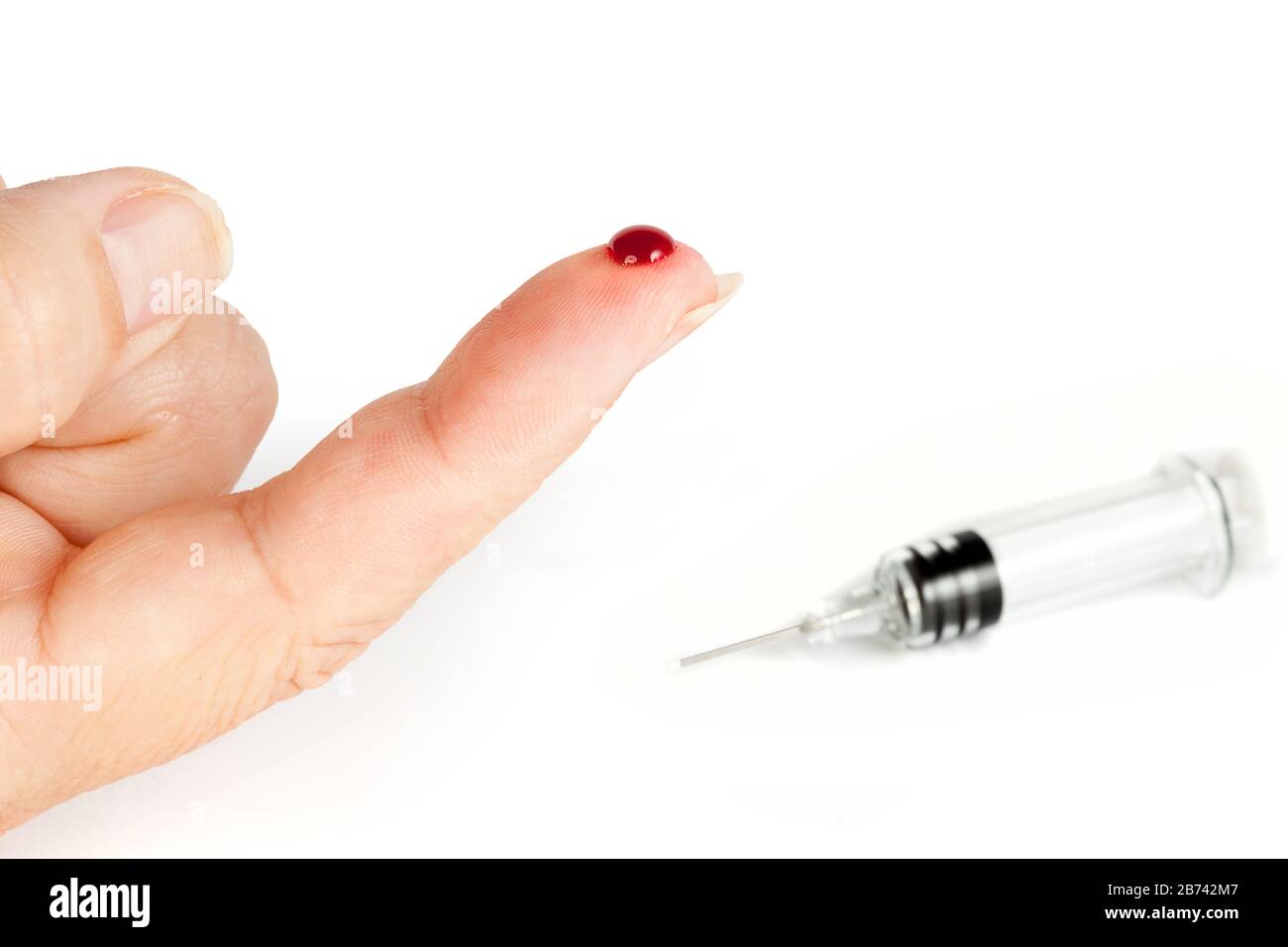 Injured bleeding finger closeup and a blurred syringe in the background ...