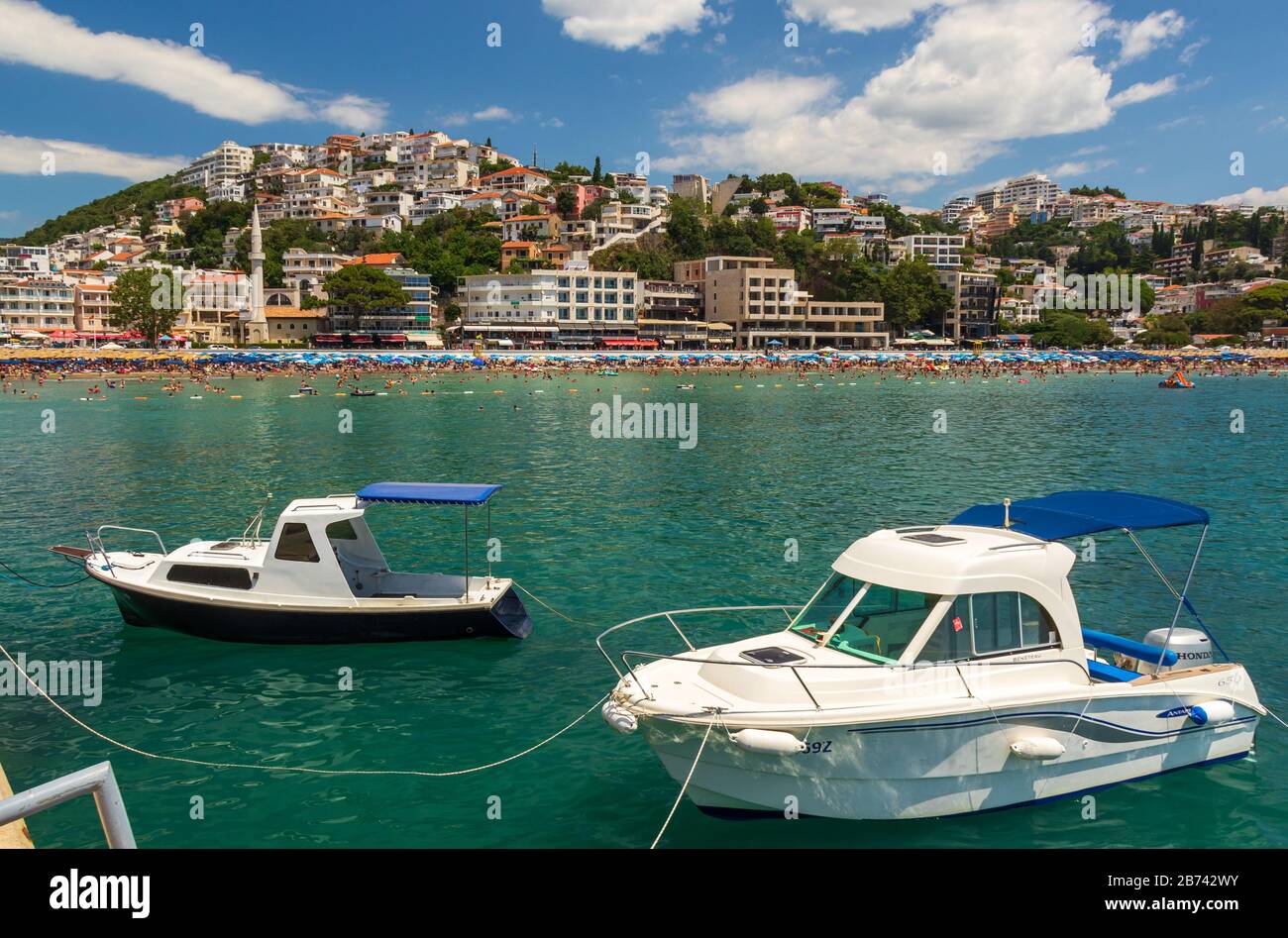 Ulcinj town and beach seen from old town marina Stock Photo - Alamy