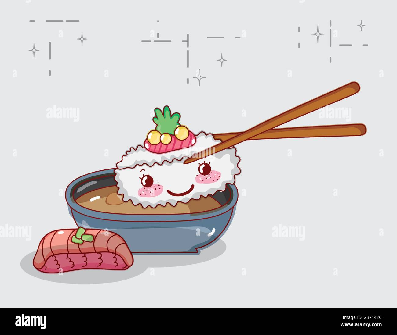 kawaii rice roll in stick and fish with wasabi food japanese cartoon ...