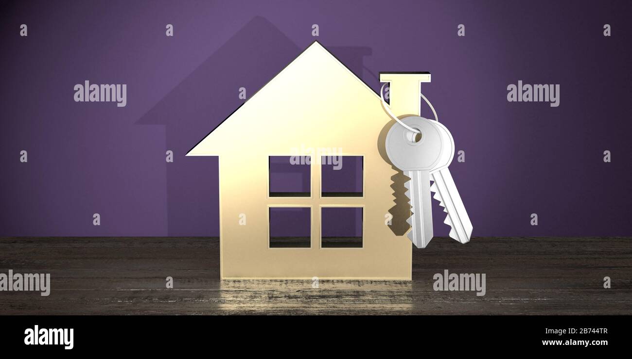 House shape with a key - real estate property concept - 3D rendering ...