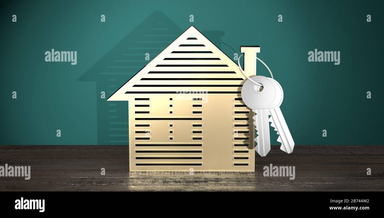 House shape with a key - real estate property concept - 3D rendering ...