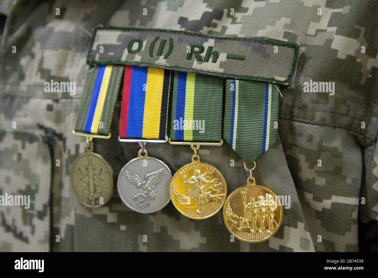 Kiev, Ukraine - May 08 2019: Medals Ukrainian soldiers - members of the ...