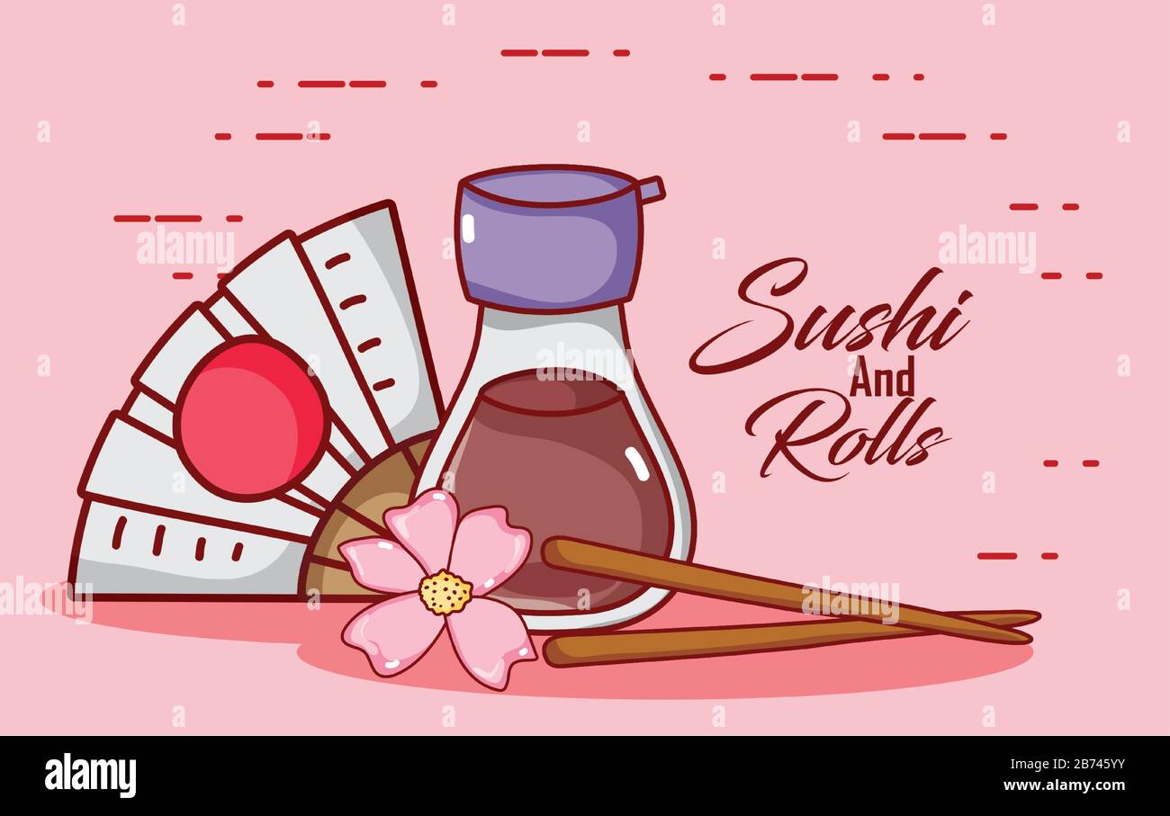 kawaii sake fan chopsticks and sakura flower food japanese cartoon ...