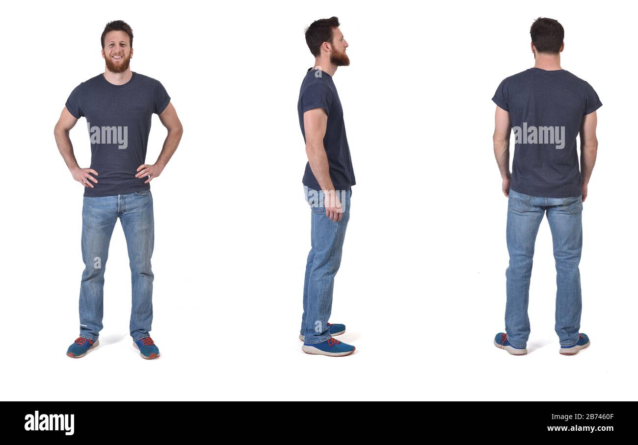 front, back and profile with a man witht t shirt on white background ...